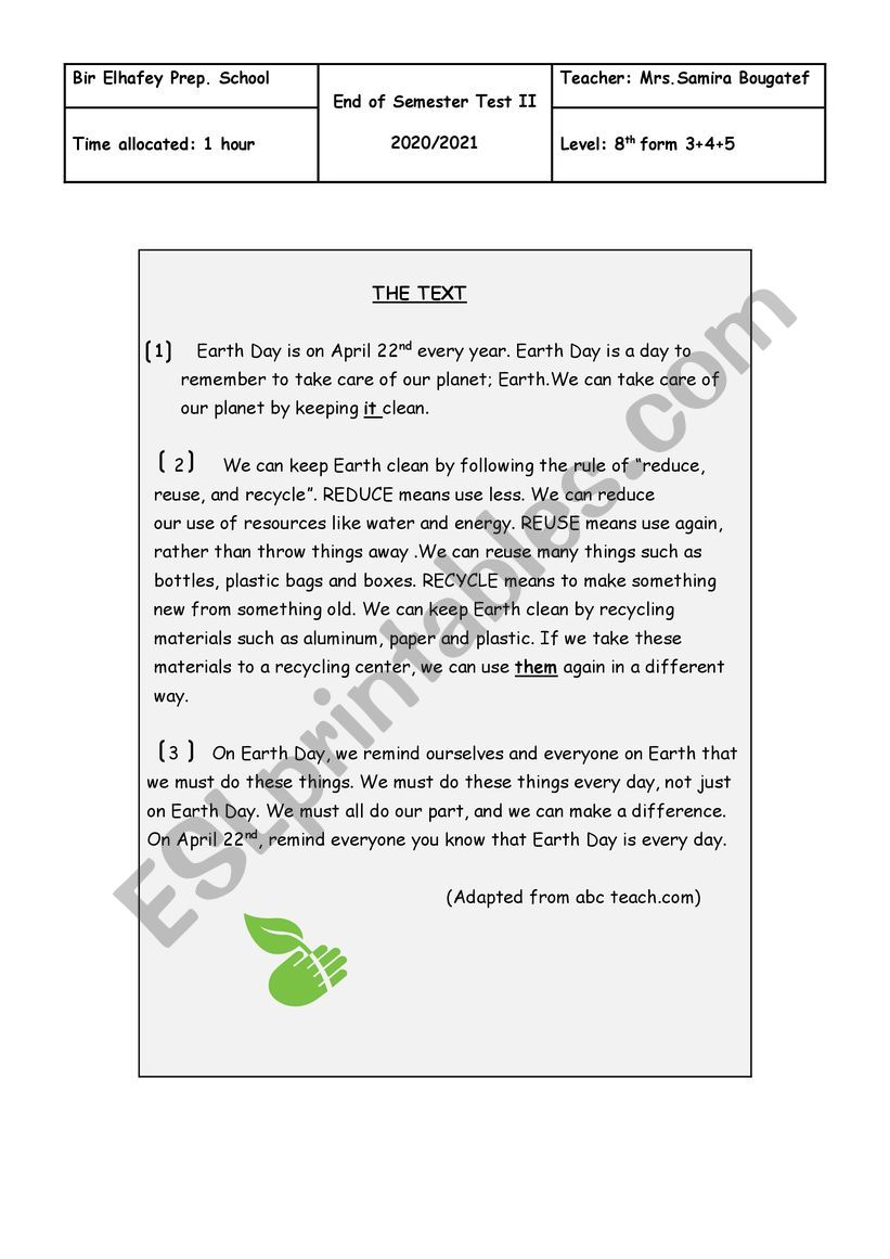 END OF SEMESTER TEST 8TH FORM - ESL worksheet by abou loujaine