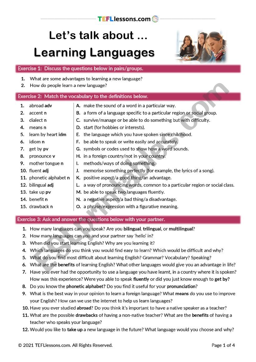 Learning Languages Updated Esl Worksheet By Tefl Lessons