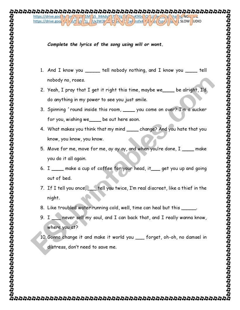 WILL AND WON´T in songs - ESL worksheet by BarbieAcosta