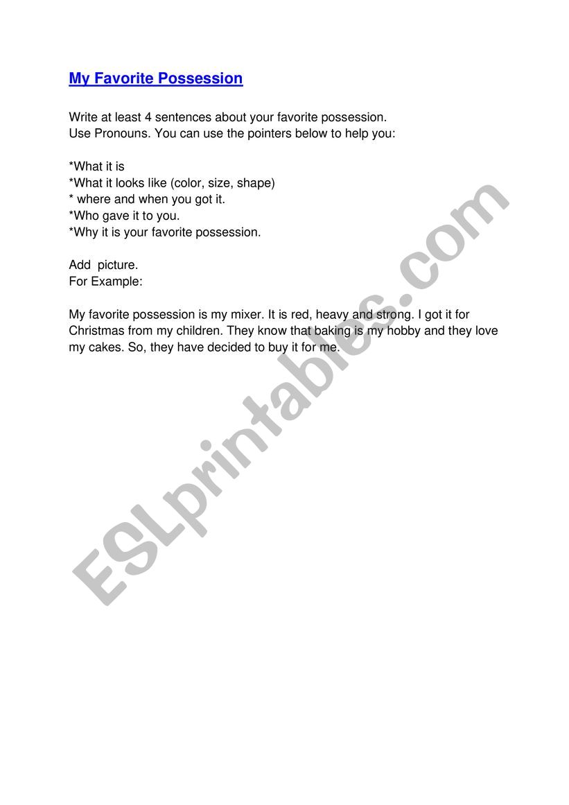 English worksheets: My Favorite possesion