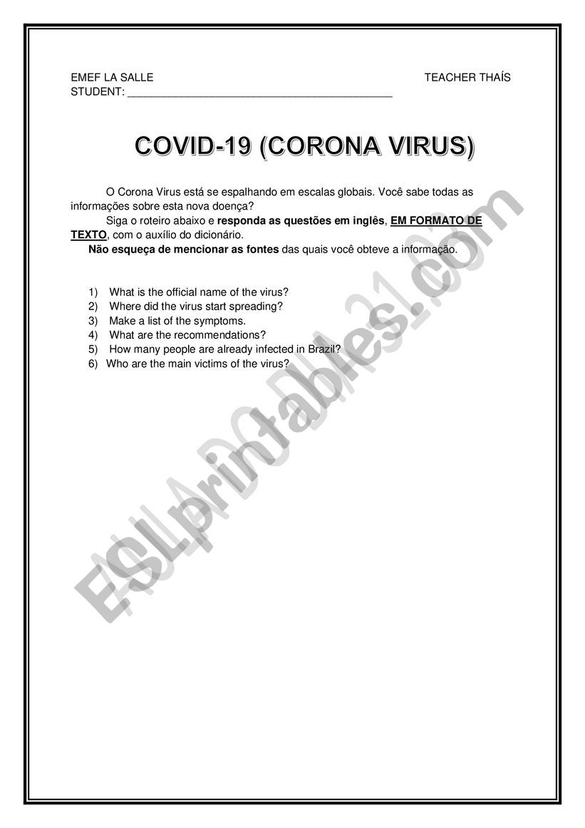 Research on corona virus - ESL worksheet by teacherthais12