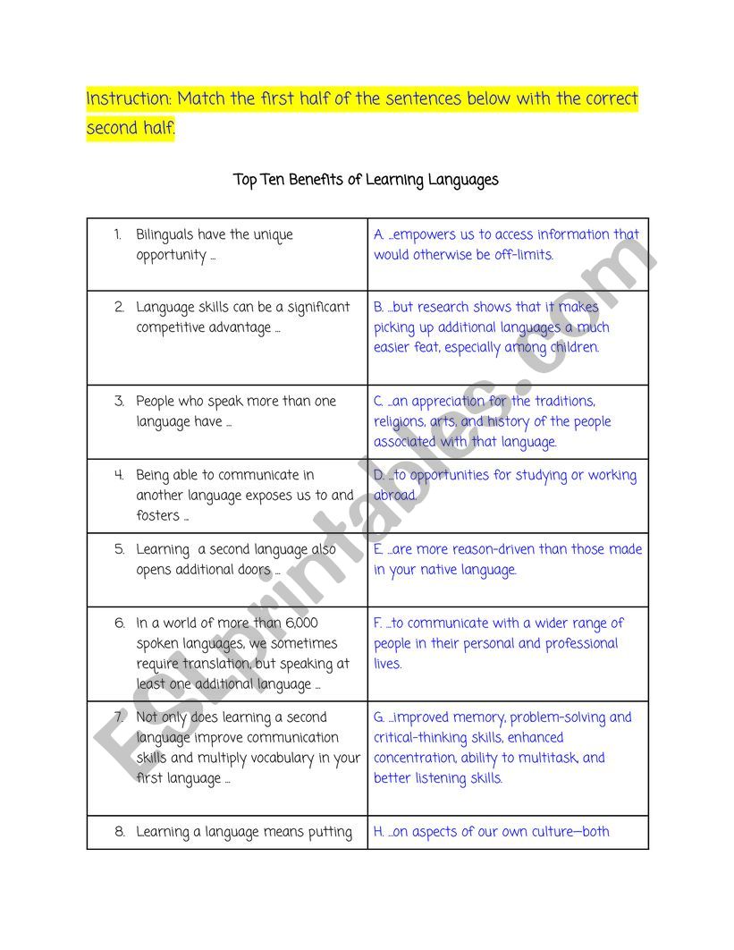 English worksheets: Top Ten Benefits of Learning Languages