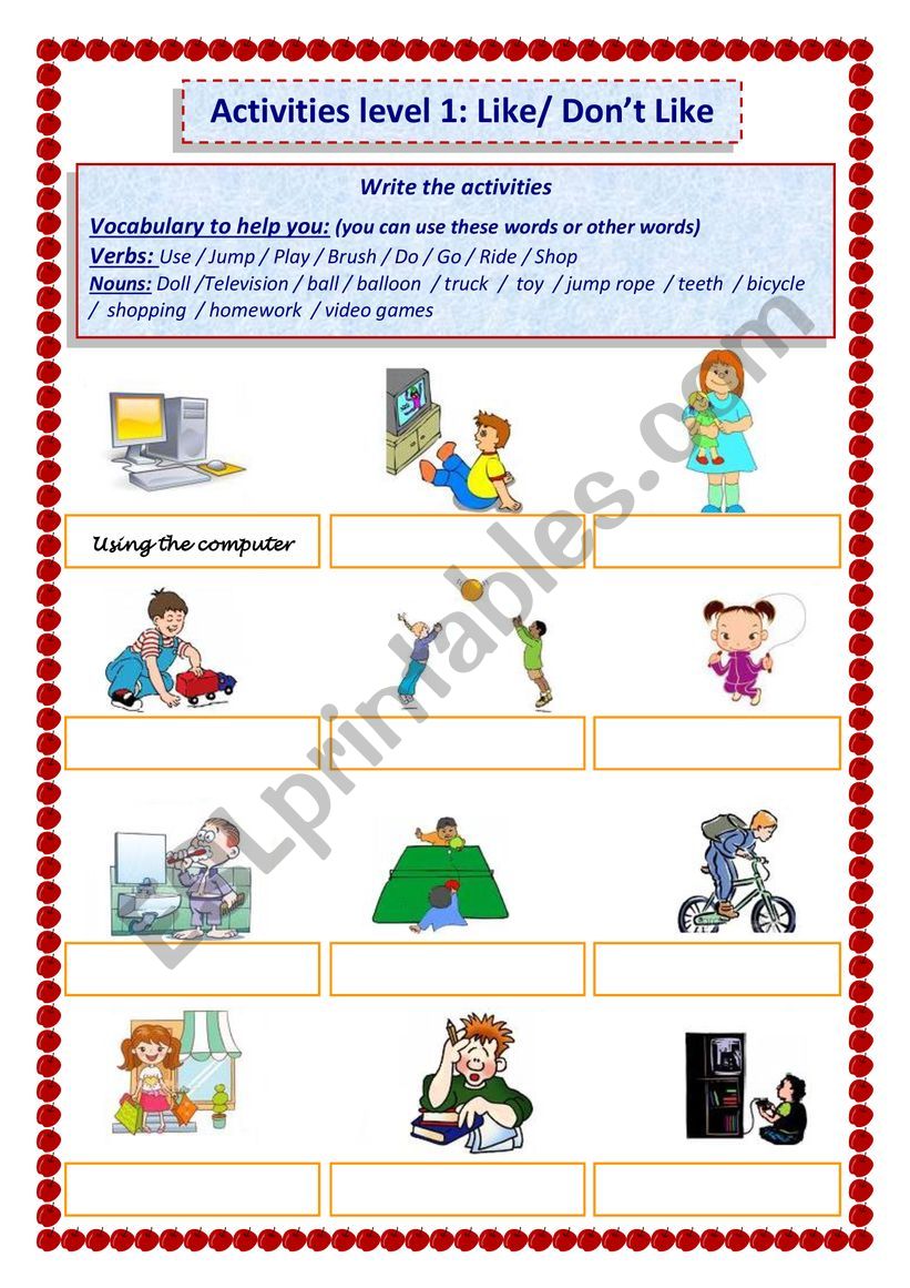Activities like don t like actions toys beginner and wordsearch - ESL ...