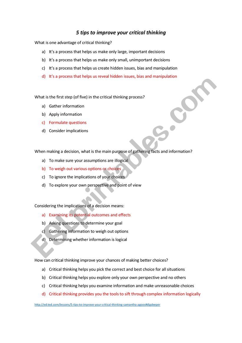 5 ways to improve your critical thinking - ESL worksheet by josihpompeu ...