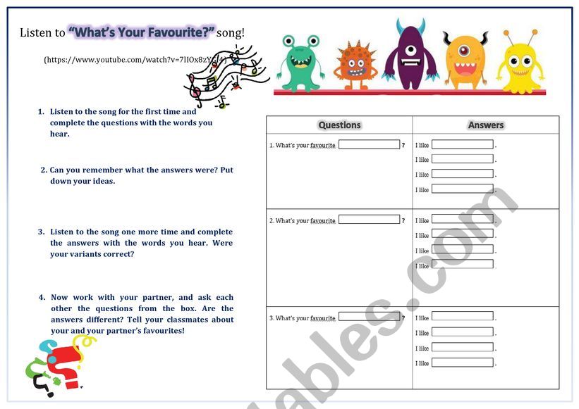 "Whatï¿½s your favourite?" song. - ESL worksheet by 0Lynxy0