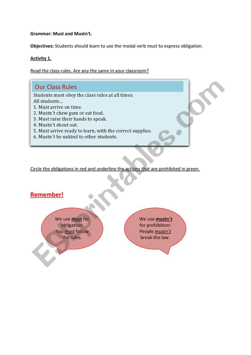 Grammar: Must and Mustn´t - ESL worksheet by mayra201321