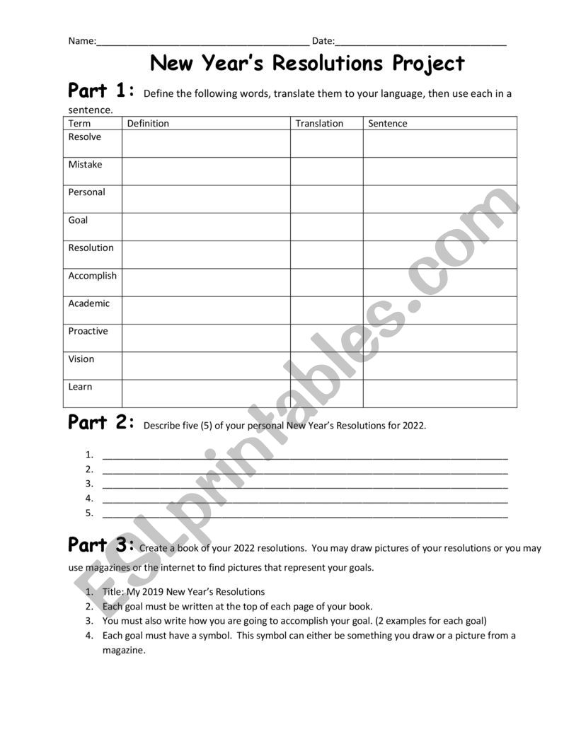 New Yearï¿½s Resolution Project - ESL worksheet by davisj6