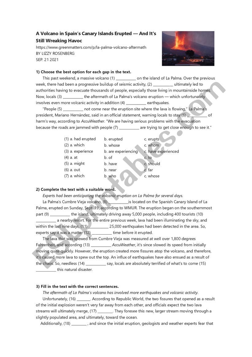 A volcano in Spain’s Canary Islands erupted - ESL worksheet by Lalala