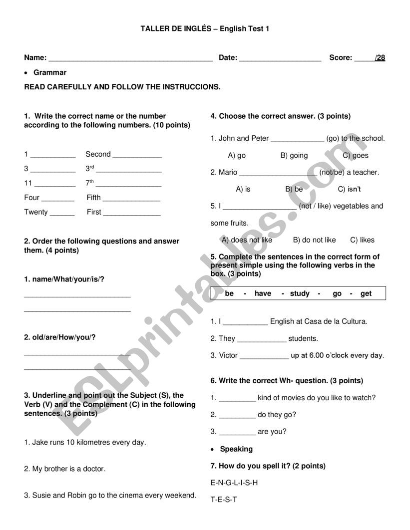 English Test Beginner ESL Worksheet By Manuelgm 96