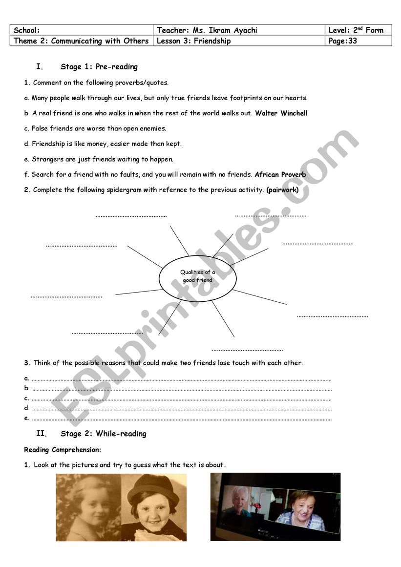 2nd Form - Lesson n° 3 - Friendship - ESL worksheet by English Teacher 24