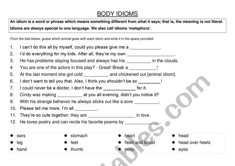 Body Idioms ESL Worksheet By Mike jane