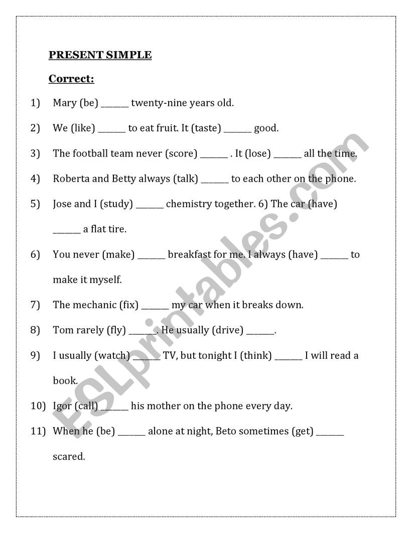 PRESENT SIMPLE CORRECT THE VERB - ESL worksheet by pearlnoha133