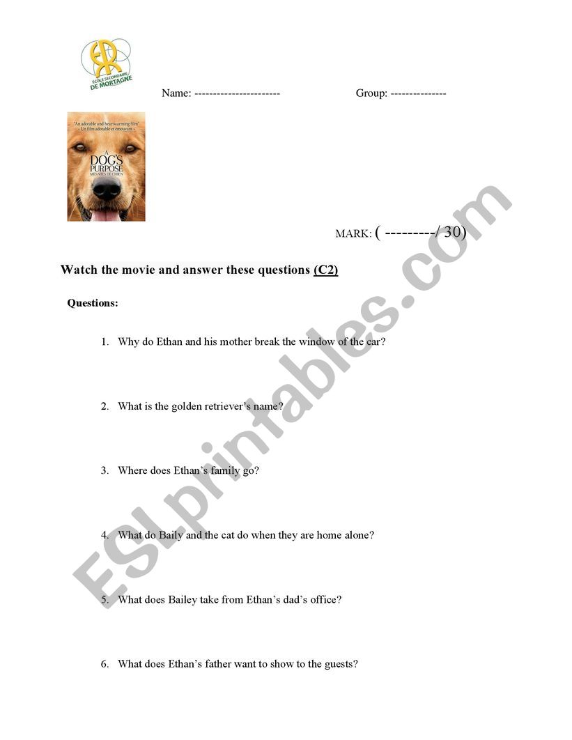A dogï¿½s purpose movie - ESL worksheet by negarmajdfar