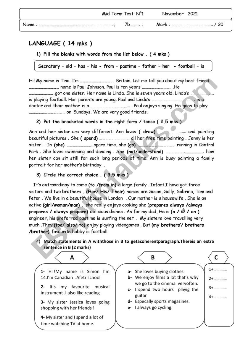 Mid Term Test N°1 - ESL worksheet by yassour