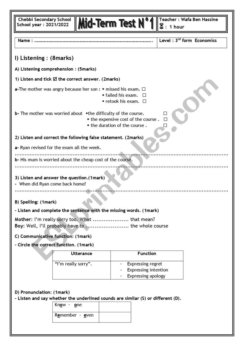 Mid term test N°1 (3rd form) - ESL worksheet by wafouta
