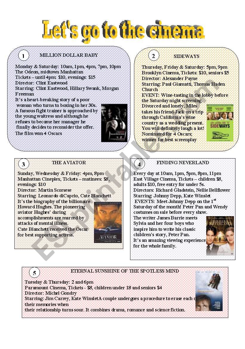 LetÂ´s go to the cinema - 3 SKILLS - Reading/Speaking/Writing - ESL ...