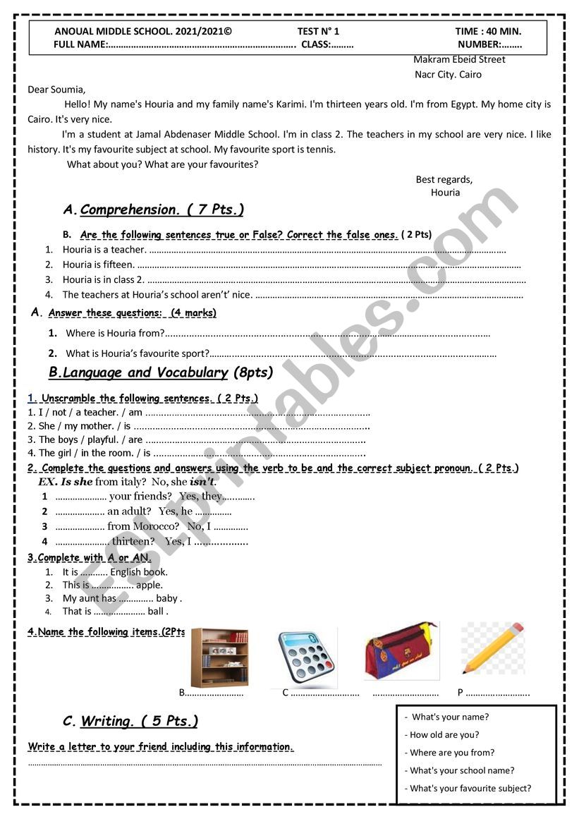 test n°1 - ESL worksheet by safouane