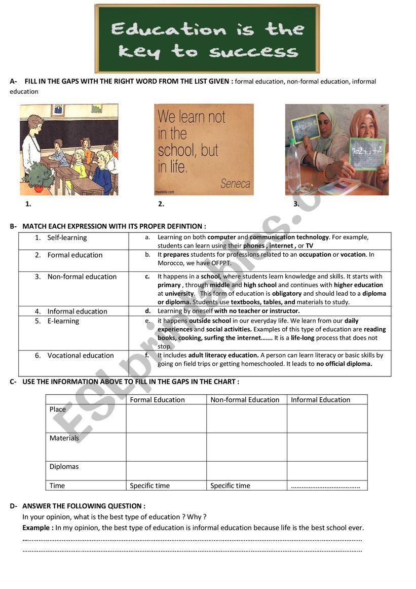 Formal, Non formal, Informal education - ESL worksheet by Hamzajatte Formal, Non formal, Informal education - ESL worksheet by Hamzajatte