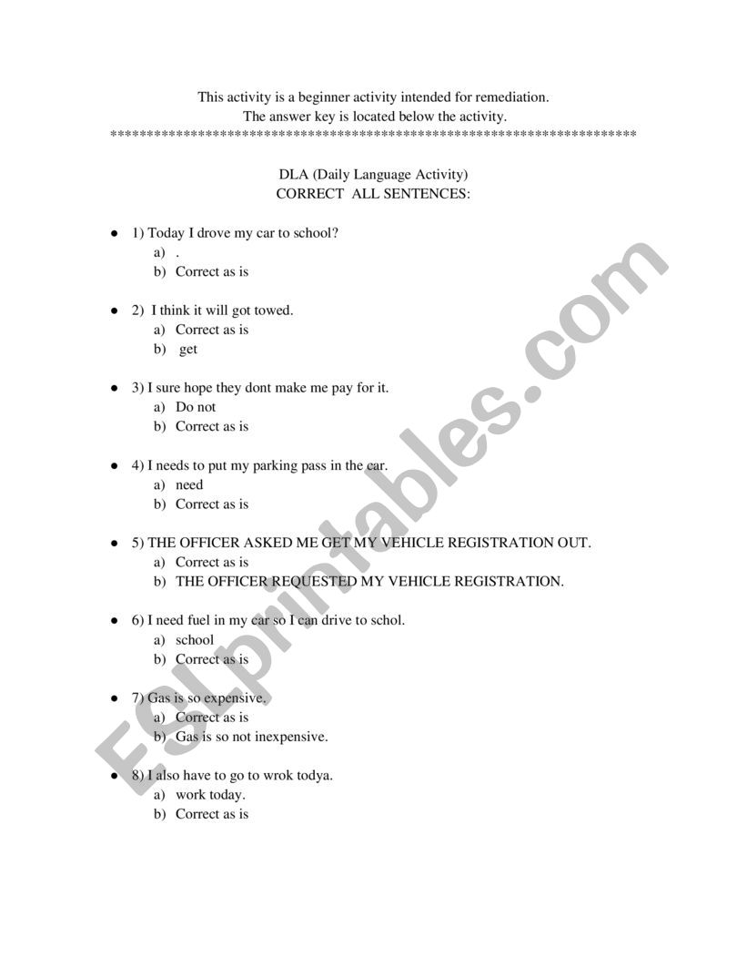 ESL Simple Sentence Completion (Remediation Activity) - ESL worksheet ...