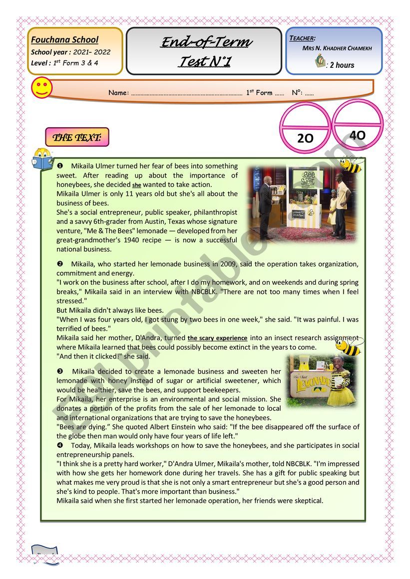 1st Form, End of term Test n° 1 - ESL worksheet by Naema