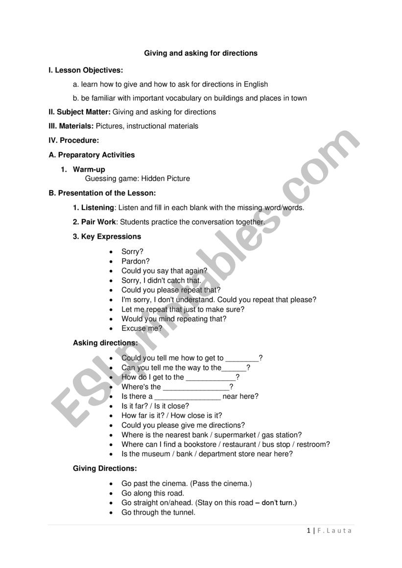 Giving and Asking Directions - ESL worksheet by Jhay050712
