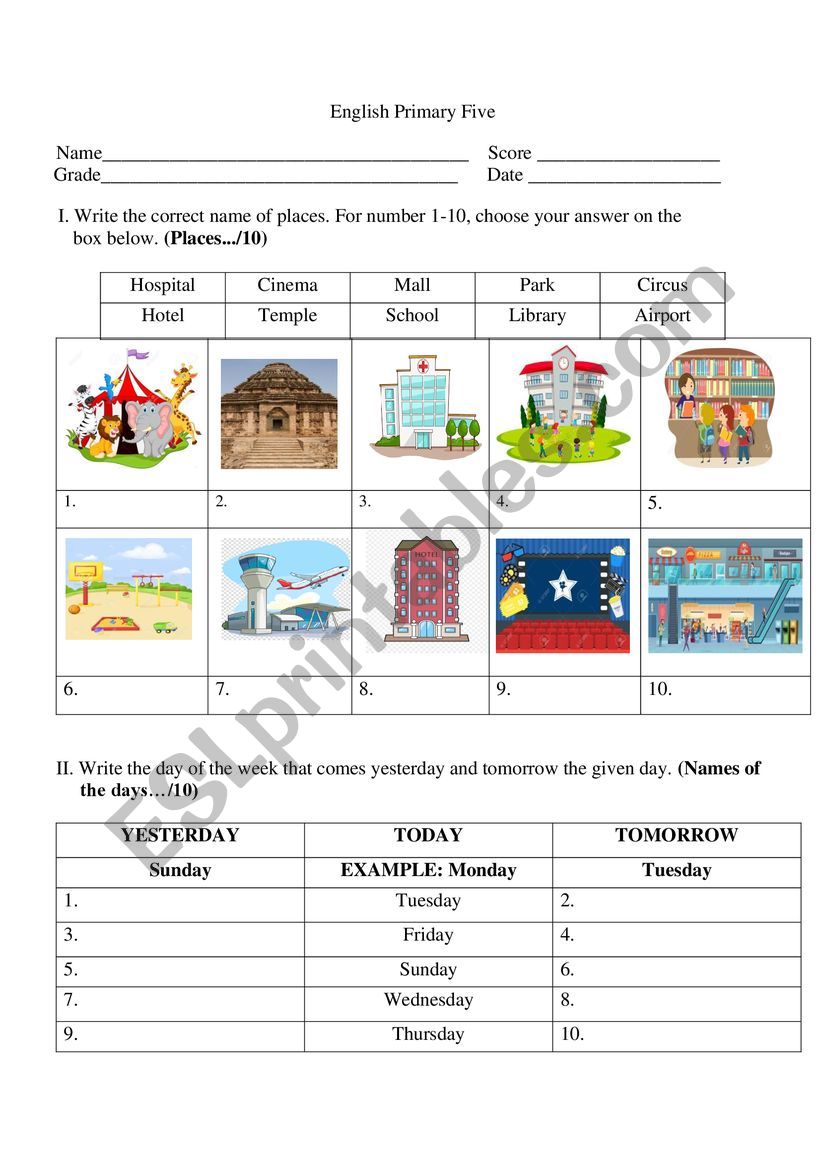Places in town and Days of the week - ESL worksheet by lavina1212