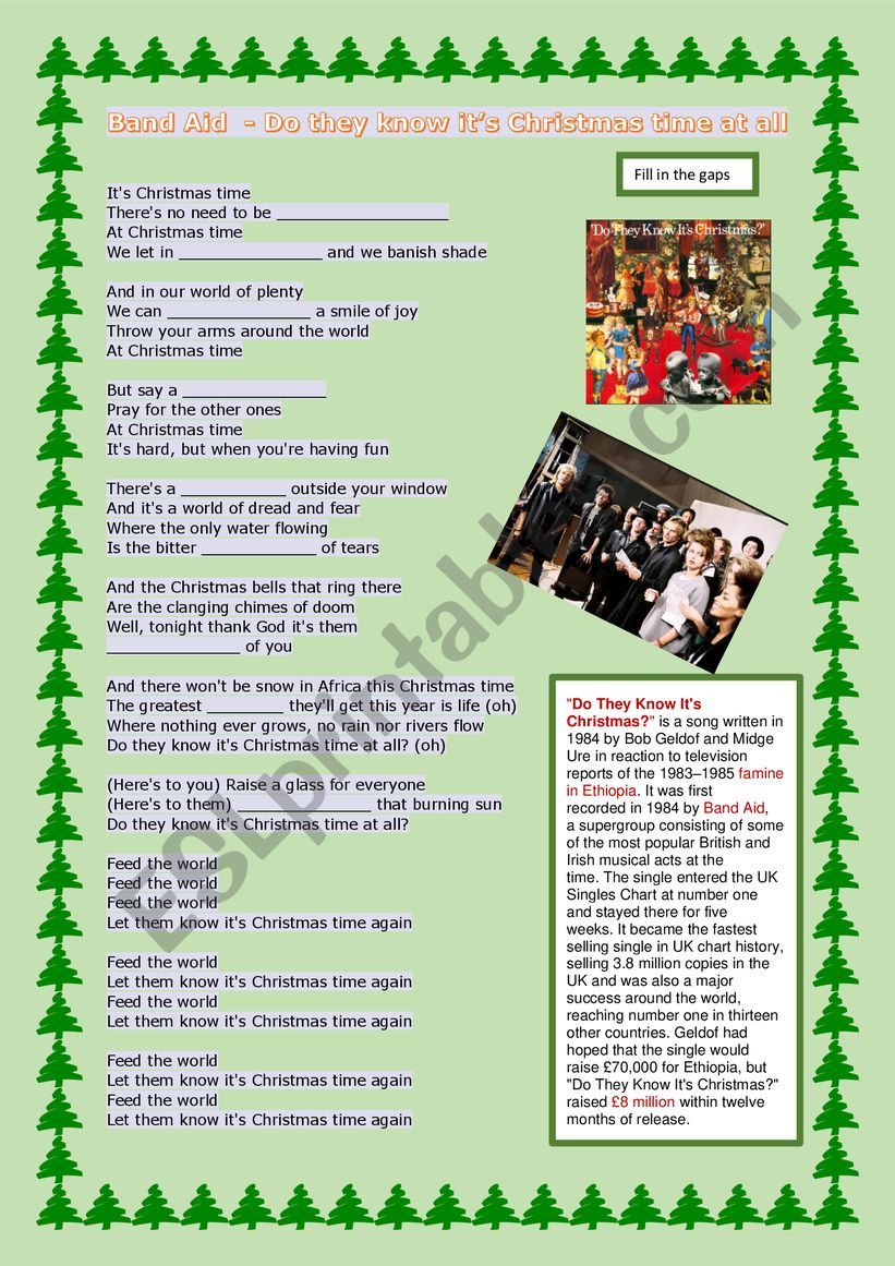 Band Aid - Do they know itï¿½s Christmas time - ESL worksheet by DCA31