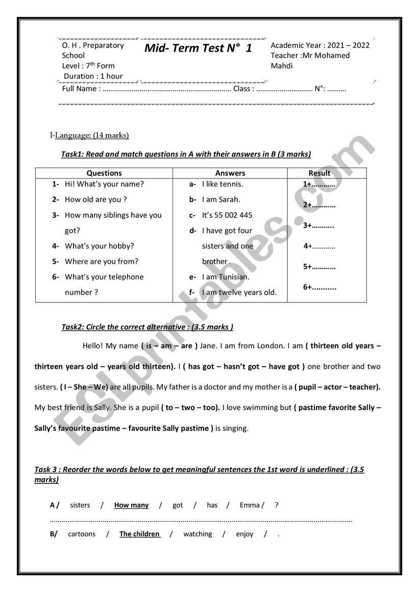 Mid- Term Test N° 1 7th form - ESL worksheet by Med mahdi