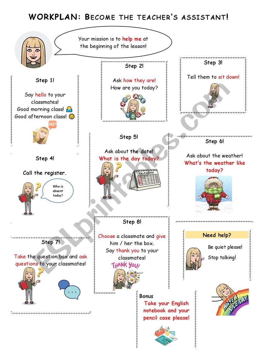 Become the teacherï¿½s assistant! - ESL worksheet by Louisebn