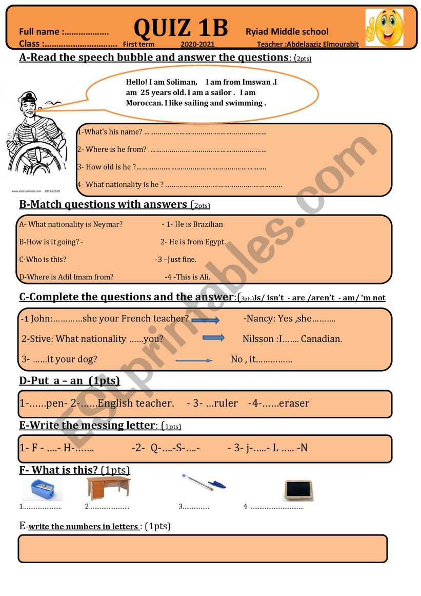 quiz 8th grade middle school - ESL worksheet by abowahib