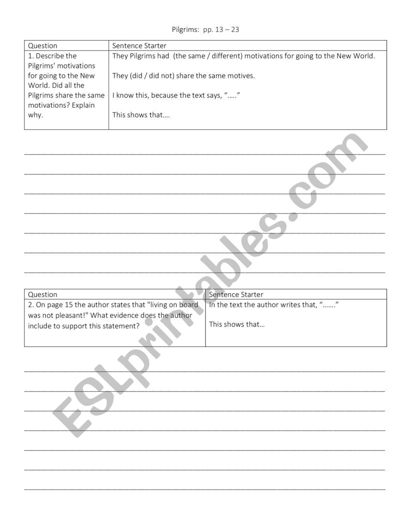 English worksheets: Magic Treehouse Pilgrims