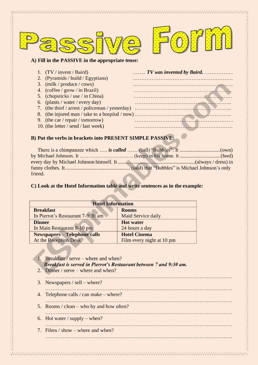 English worksheets: passive forms 2