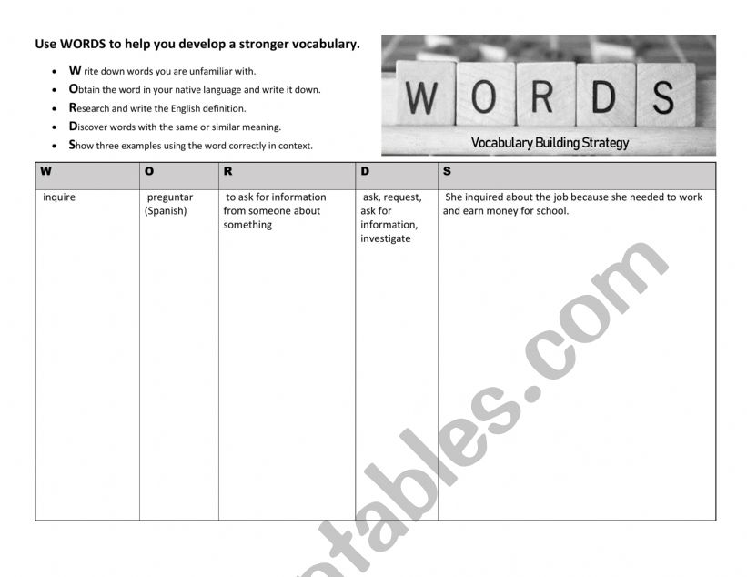English worksheets: WORDS Chart Vocabulary Builder