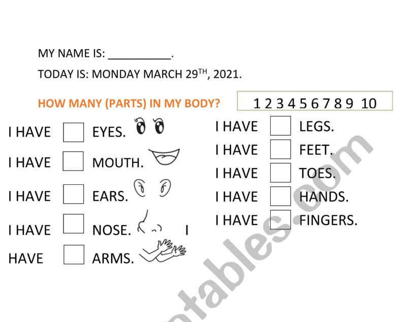 How Many Body Parts Do I Have ESL Worksheet By Regicu