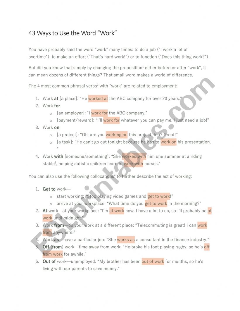 43 Ways to use the word "work" - ESL worksheet by DiTEF