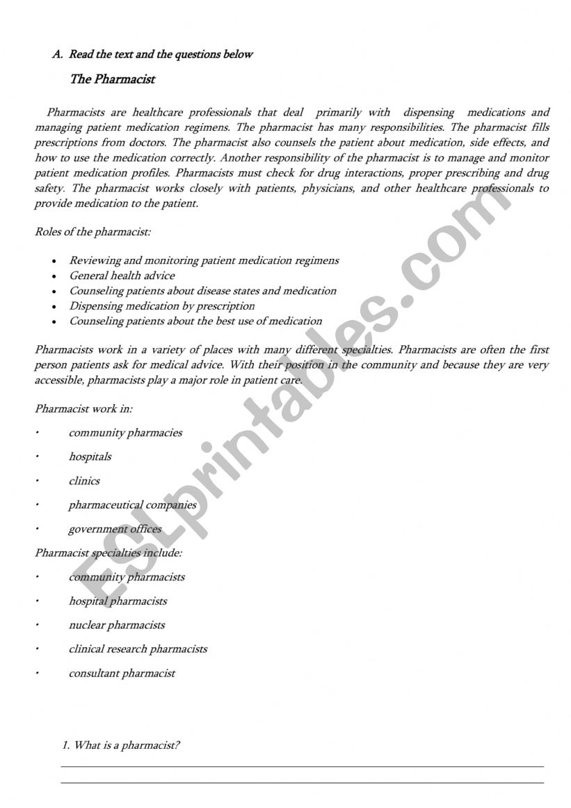 English worksheets: The Pharmacist