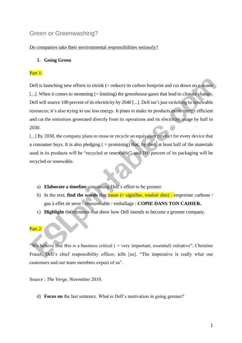 English worksheets: Greenwashing - the Dell example