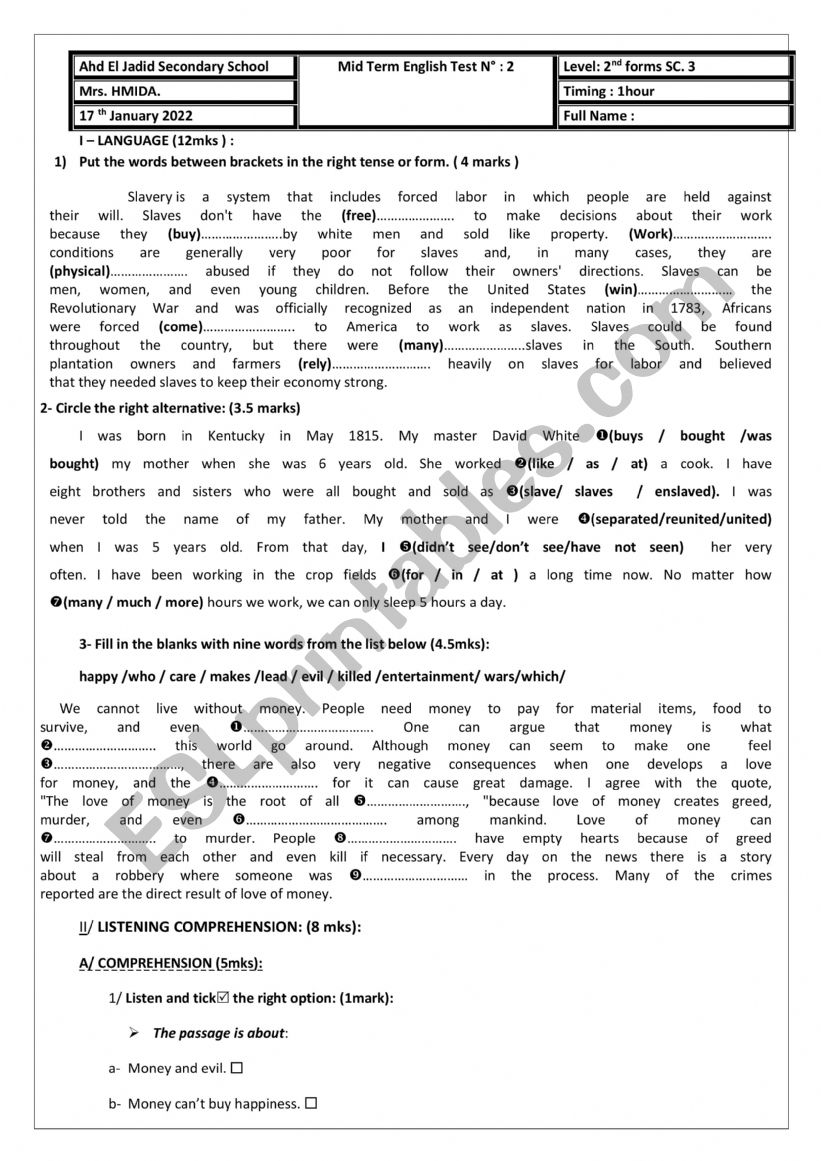 Mid -term test n°2nd Second form - ESL worksheet by Amyly