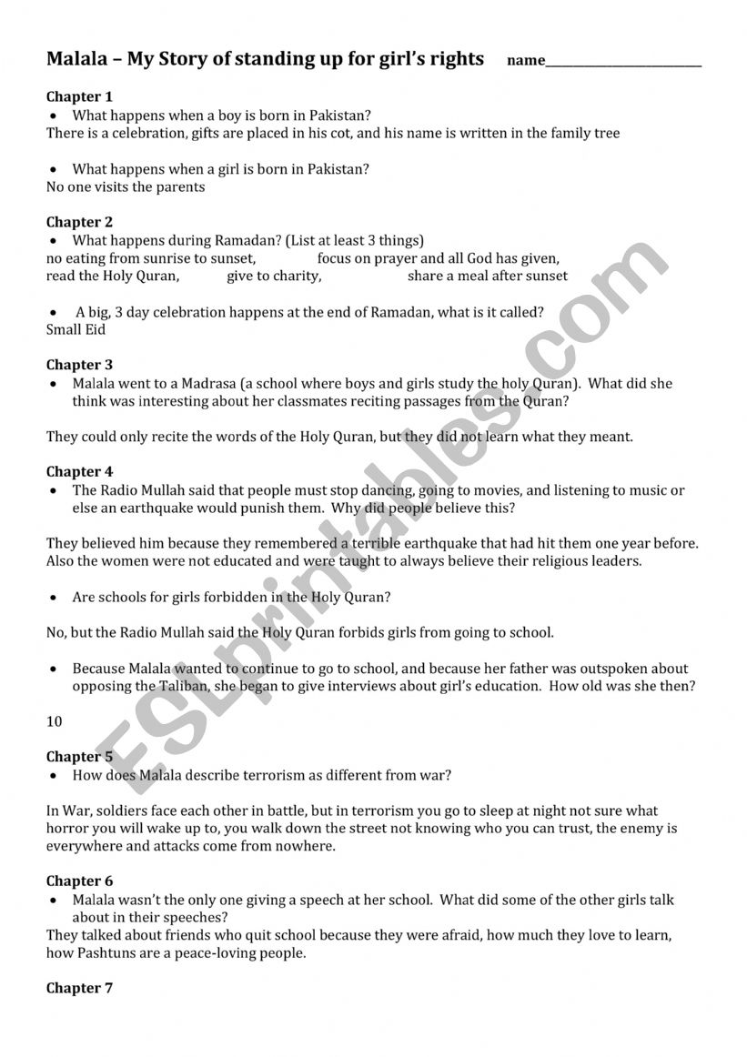 Worksheet for "Malala, my story of standing up for girlÃ¯Â¿Â½s rights ...
