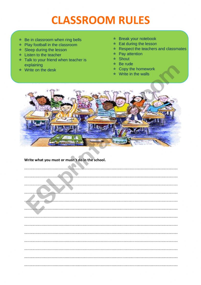 Must or musnï¿½t. Classroom rules - ESL worksheet by PYR79