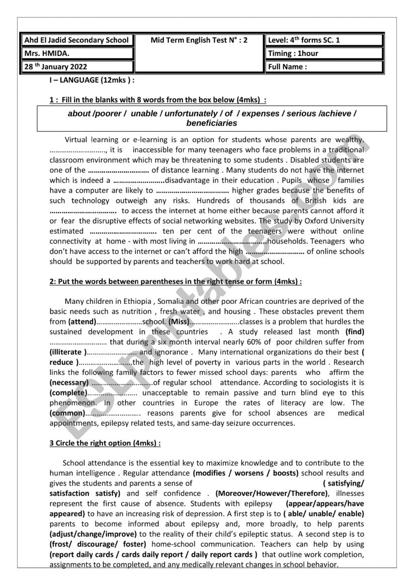Bac and 2nd form tests n°2 - ESL worksheet by Amyly