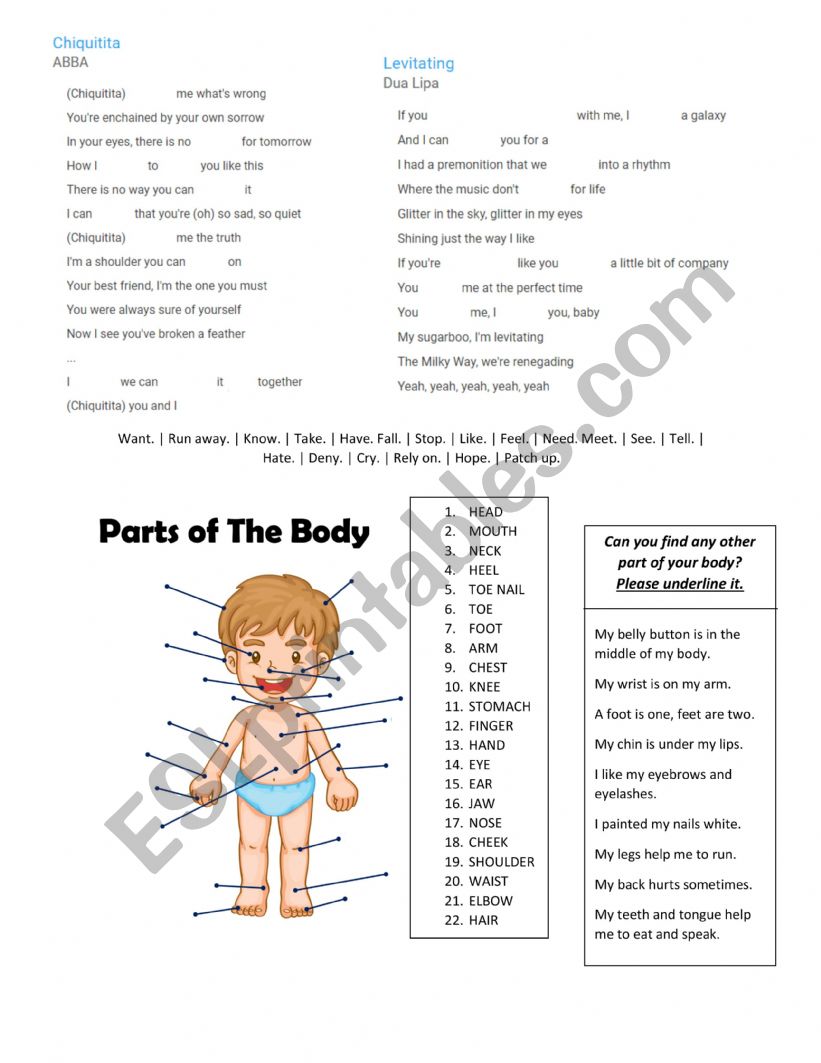 Songs and parts of the body - ESL worksheet by iehus