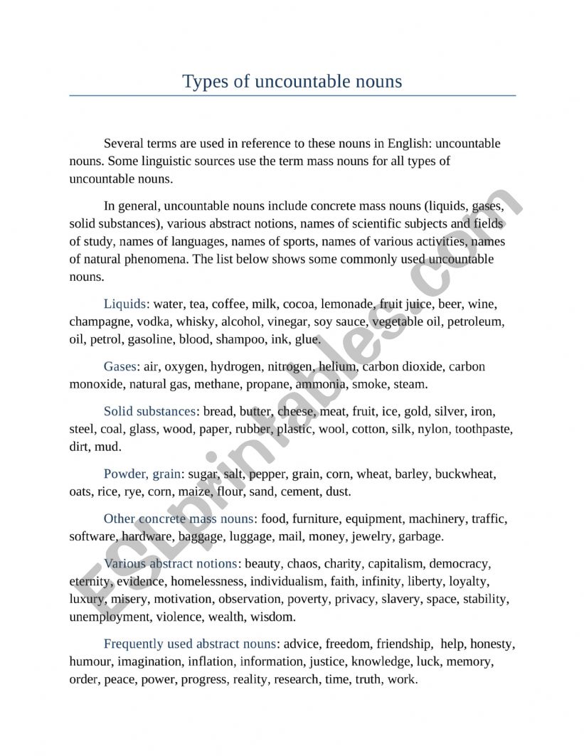 Types of uncountable nouns - ESL worksheet by mihnea