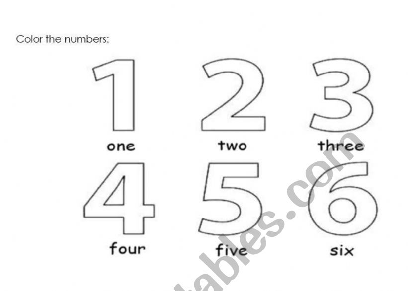 Color the numbers 1 to 6 - ESL worksheet by afmolina