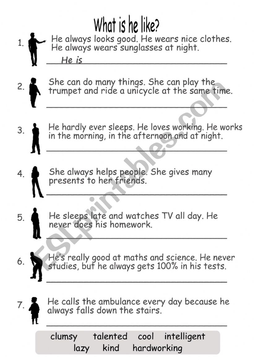 What`s he like? Personality adjectives and descriptions - ESL worksheet ...