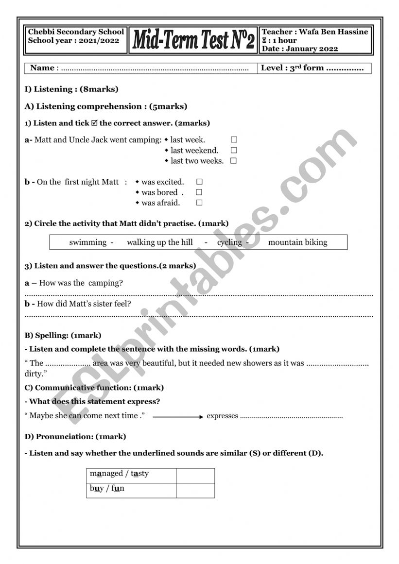 Mid-term test N°2 ( third form) - ESL worksheet by wafouta