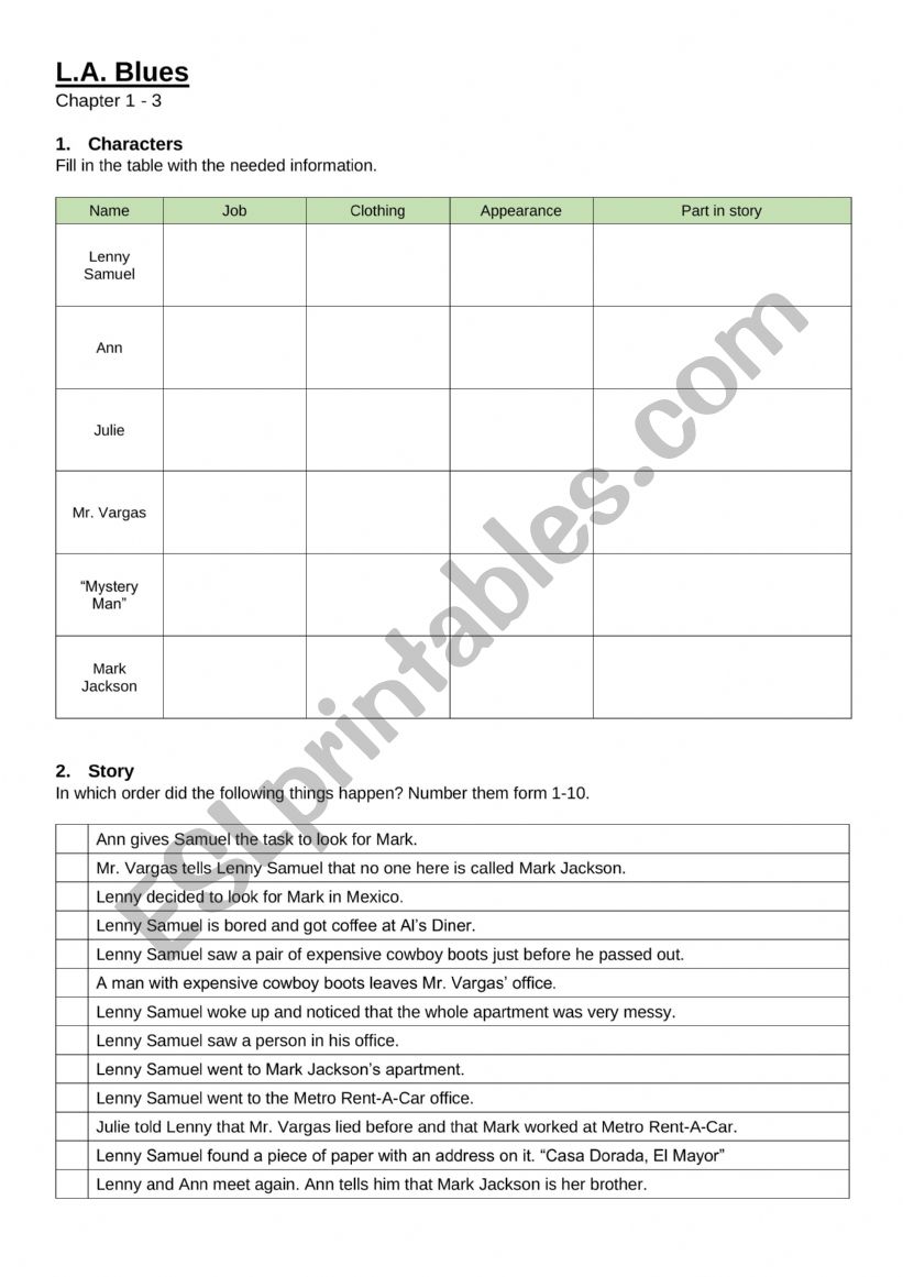 English worksheets: LA Blues New Inspiration chpt 1-3