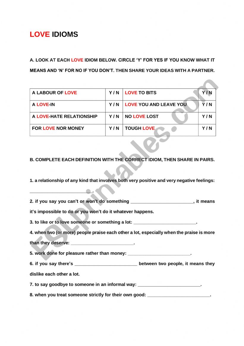 Love Idioms - ESL worksheet by Matt Prior