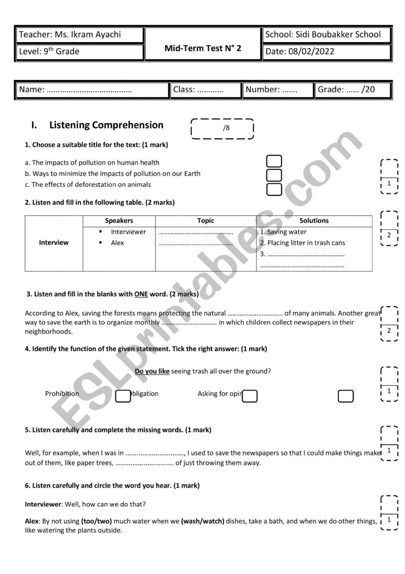 9th Grade - Mid-Term Test n° 2 - ESL worksheet by English Teacher 24