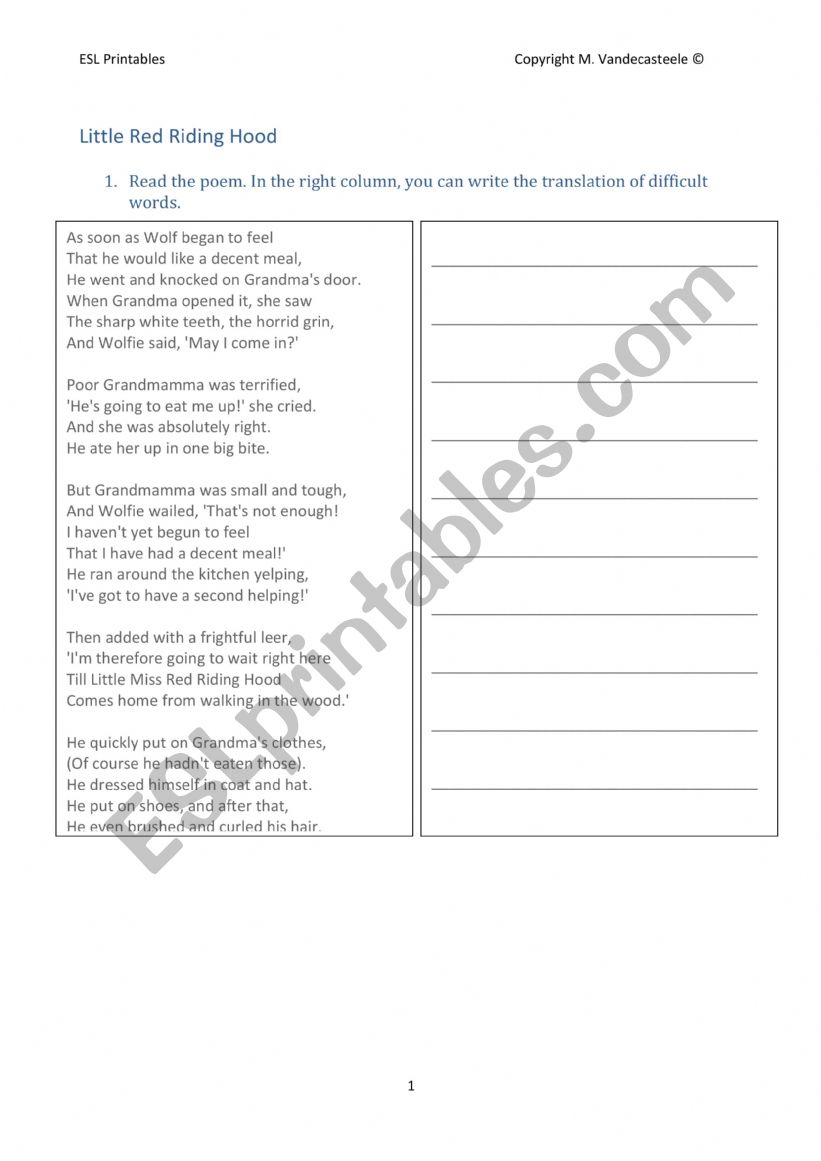 Little Red Riding Hood - by R. Dahl - ESL worksheet by mdcv